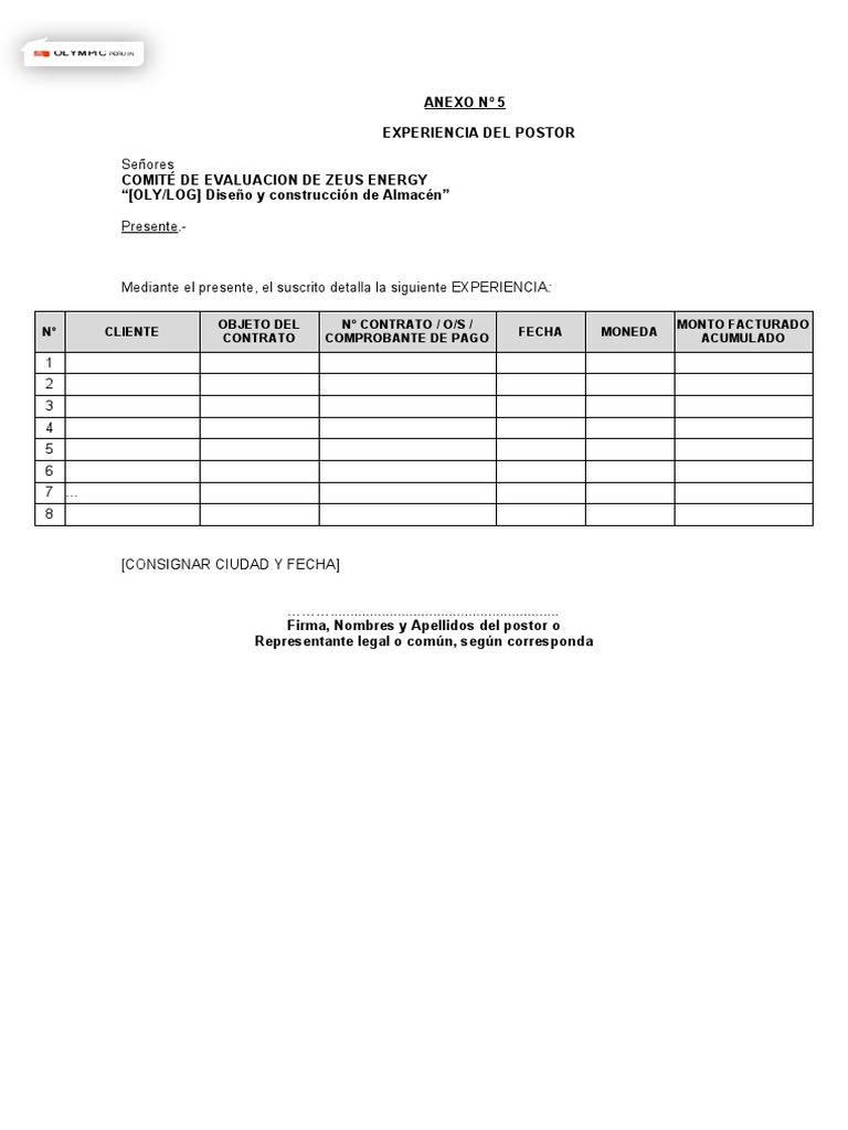 ANEXO 05 (Experiencia Del Postor) | PDF