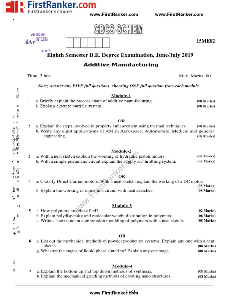 VTU - B.E B.Tech - 2019 - 8th Semester - July - CBCS 2015 Scheme - MECH - 15ME82 Additive ...