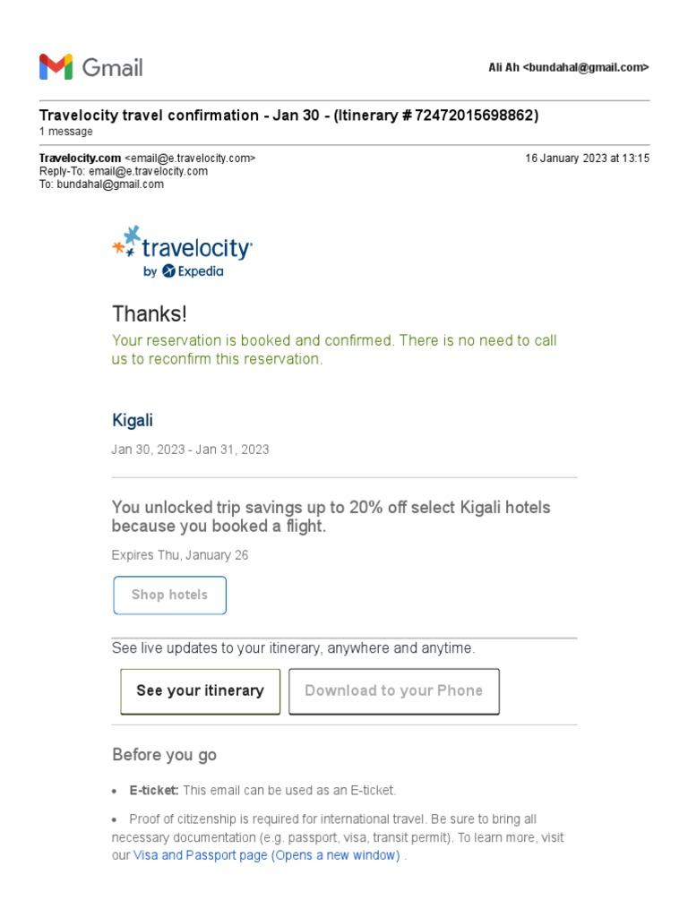 Travel Confirmation from Travelocity - Flight Itinerary from Dakar to ...