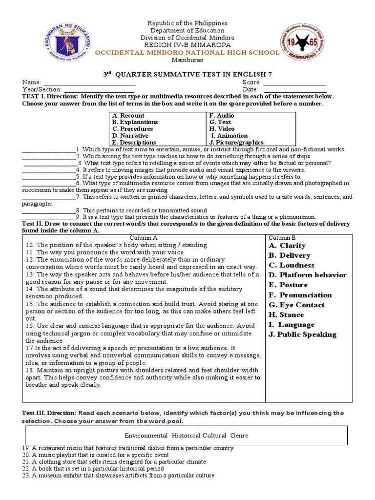 ENGLISH 7 Exam Third Quarter | PDF | Nonverbal Communication | Multimedia
