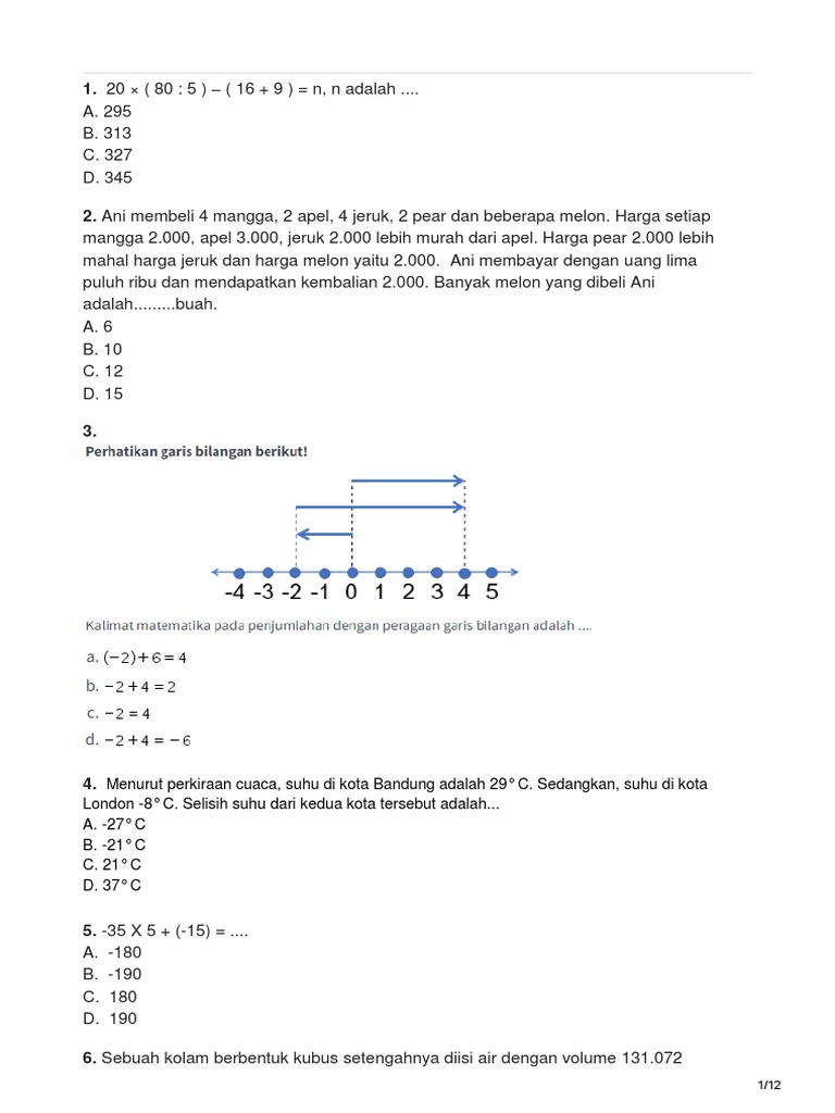 Latihan Soal Ujian Sekolah Matematika SD Mi Tahun 2023 | PDF