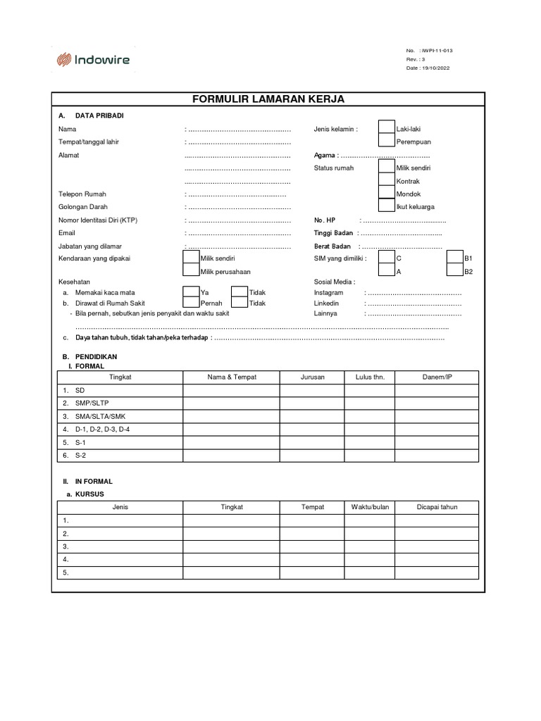 Fm 11 013 Formulir Lamaran Kerja Rev 3 Pdf