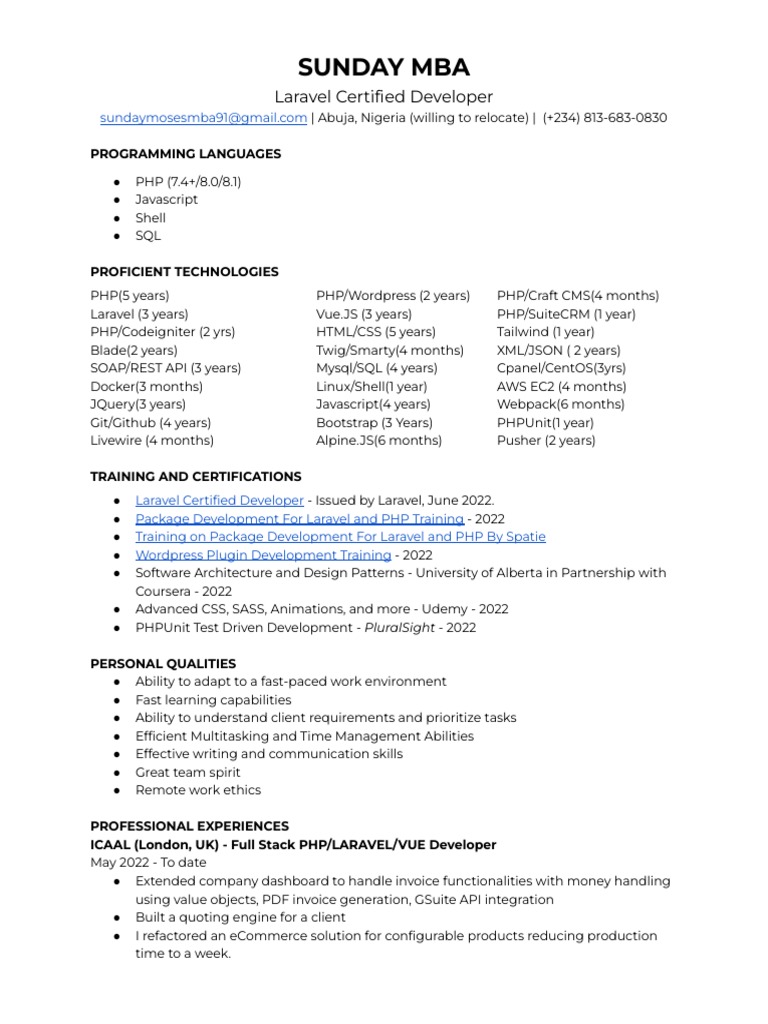 Resume of a highly skilled Laravel certified full stack PHP developer ...