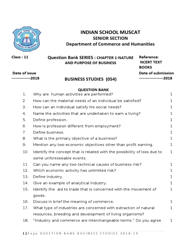 Class - Xi - Business Studies - Question Bank - Series - Chapter 1 ...
