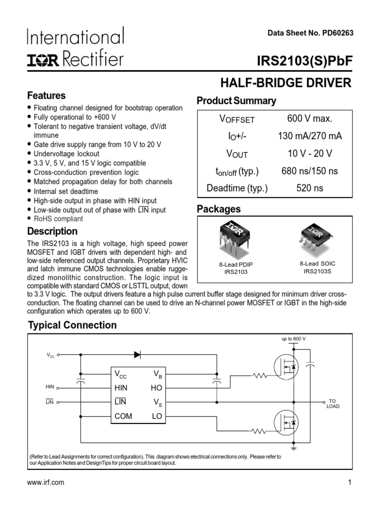 Infineon IRS2103 DataSheet v01 - 00 EFD2103 | PDF | Logic Gate | Mosfet