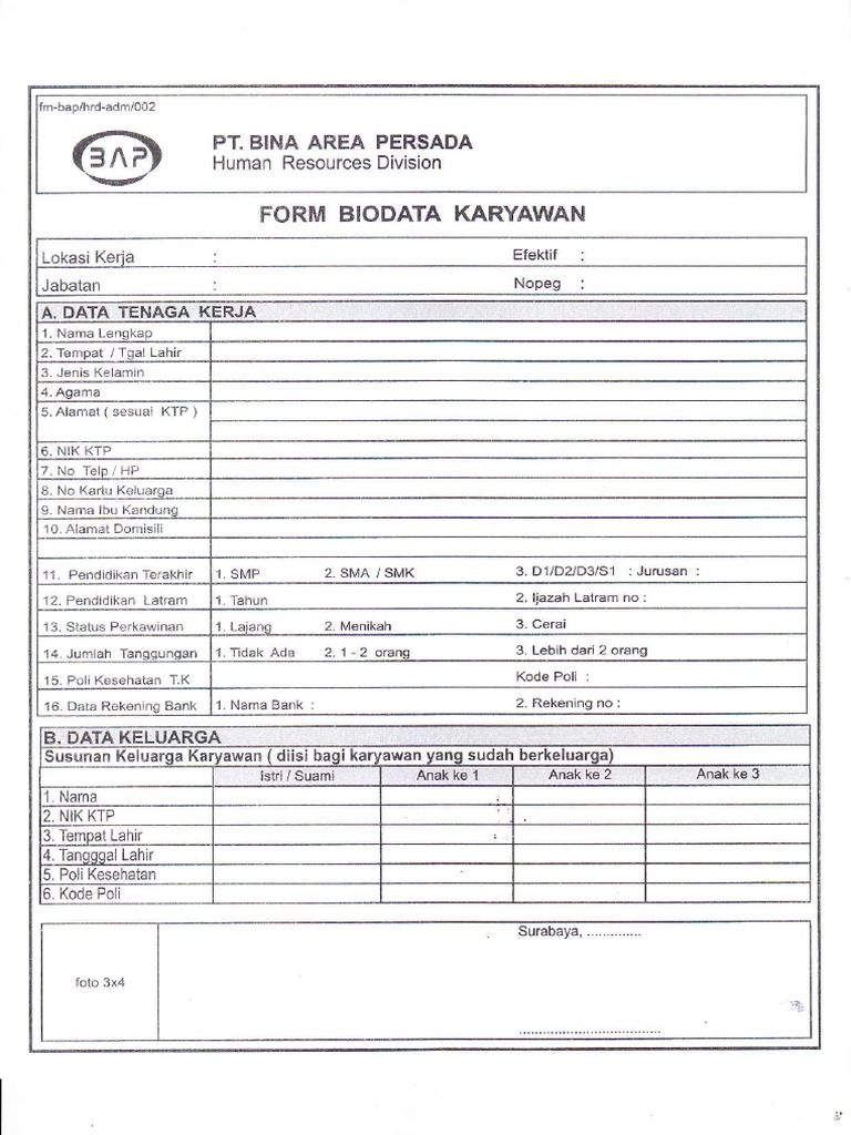 Form Biodata Karyawan | PDF | Karier & Perkembangan