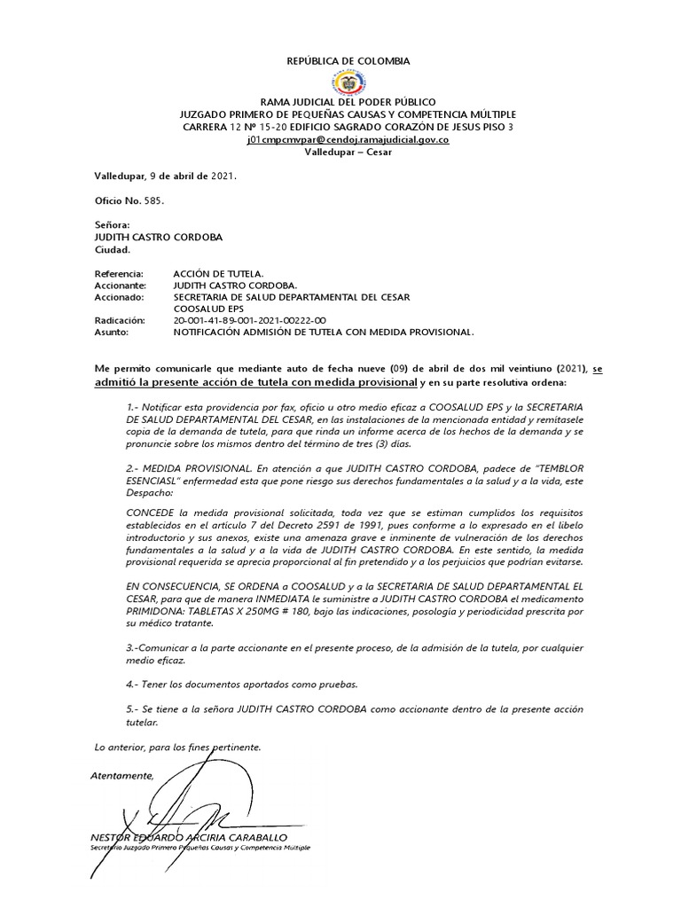 Oficio Accionante Admisión de Tutela 2021-00222 | PDF