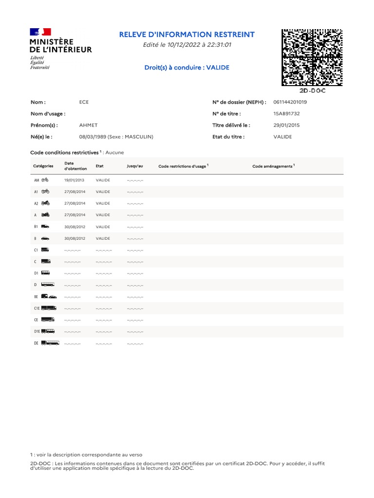Releve D'Information Restreint: Droit(s) À Conduire: VALIDE | PDF ...