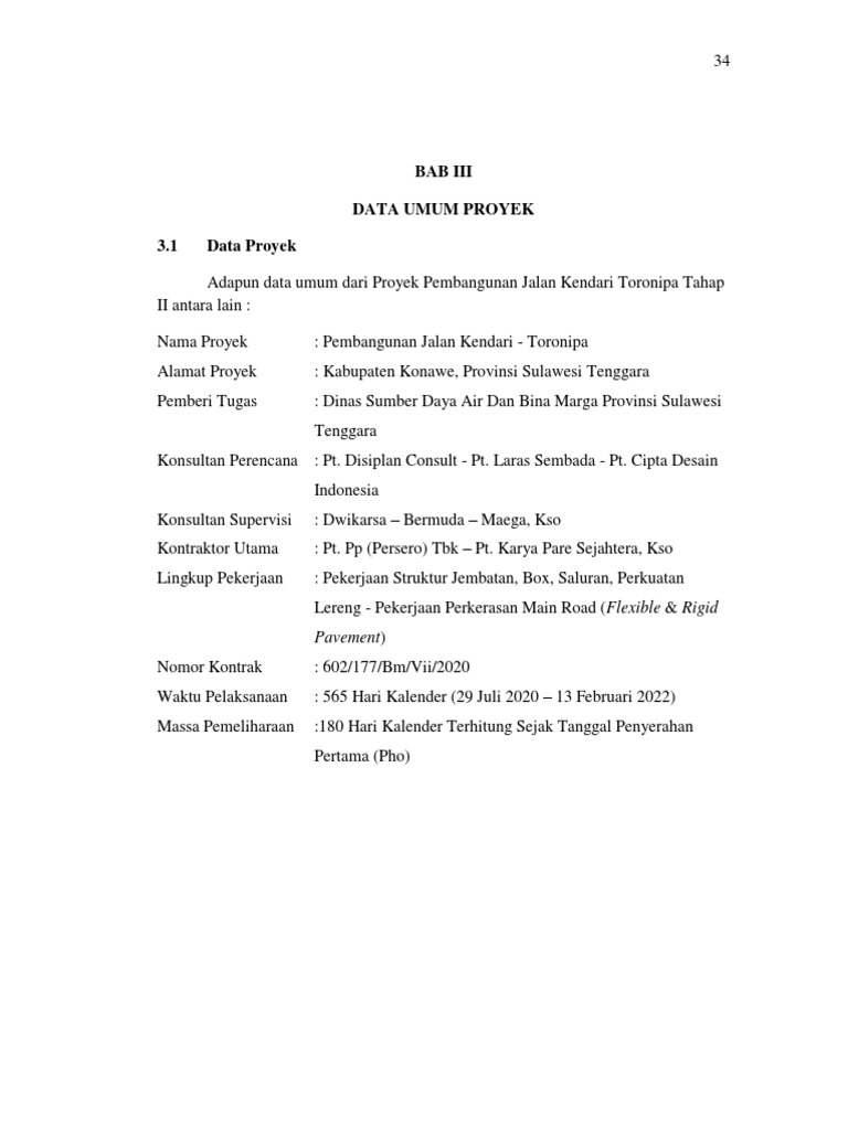 Bab Iii Data Umum Proyek 3.1 Data Proyek: Pavement) | PDF