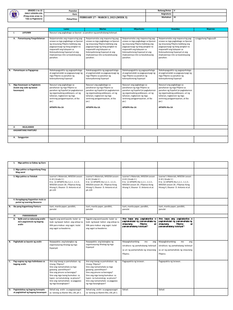 Grade 5 DLL Araling Panlipunan 5 Q3 Week 3 | PDF
