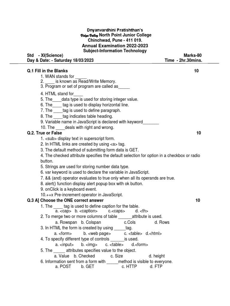 Annual Examination 2022-2023: Vidya Valley North Point Junior College ...