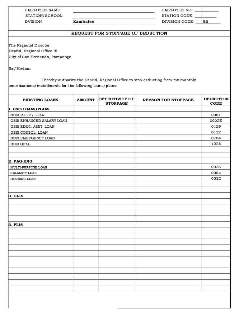 Request For Stoppage of Deduction Form & Authority To Deduct Form | PDF ...