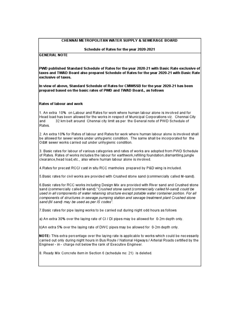 CMWSSB Sor 2020-21 | PDF | Plumbing | Concrete