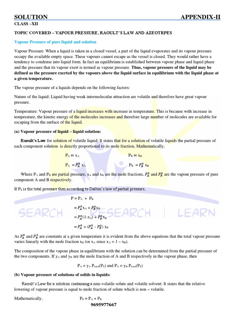 Solution Appendix-Ii: Vapour Pressure of Pure Liquid and Solution | PDF | Chemistry | Physical ...