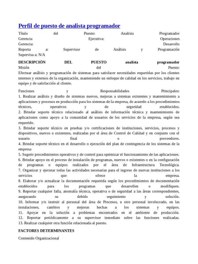 Perfil de Puesto de Analista Programador | PDF | Calidad (comercial) | Software