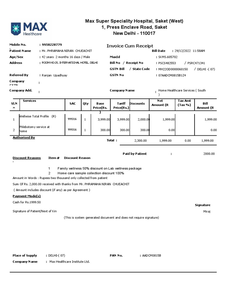 Invoice for Laboratory Tests and Home Healthcare Services Provided to ...