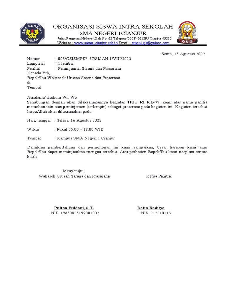 003 Surat Peminjaman Ruangan HUT RI 2022 | PDF