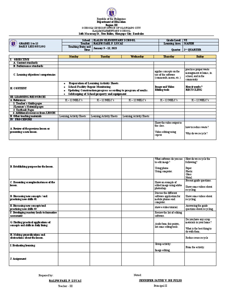 Mapeh 6 Q2 WK8 | PDF | Differentiated Instruction | Recycling