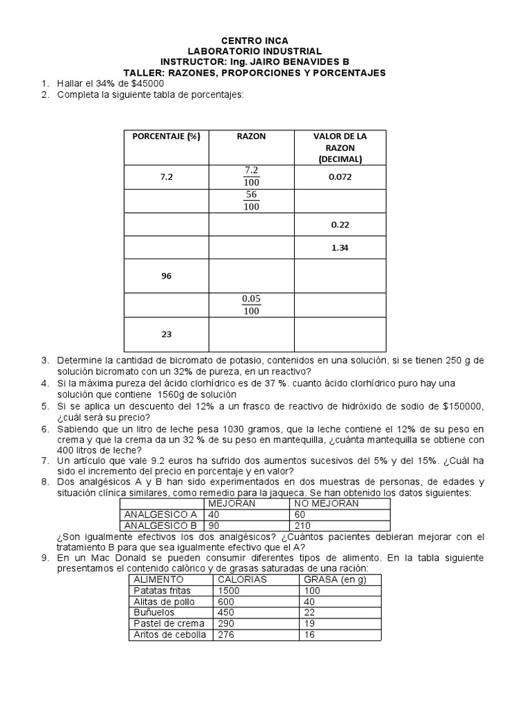 Taller Proporciones y Porcentajes | PDF | Leche | Comida y bebida