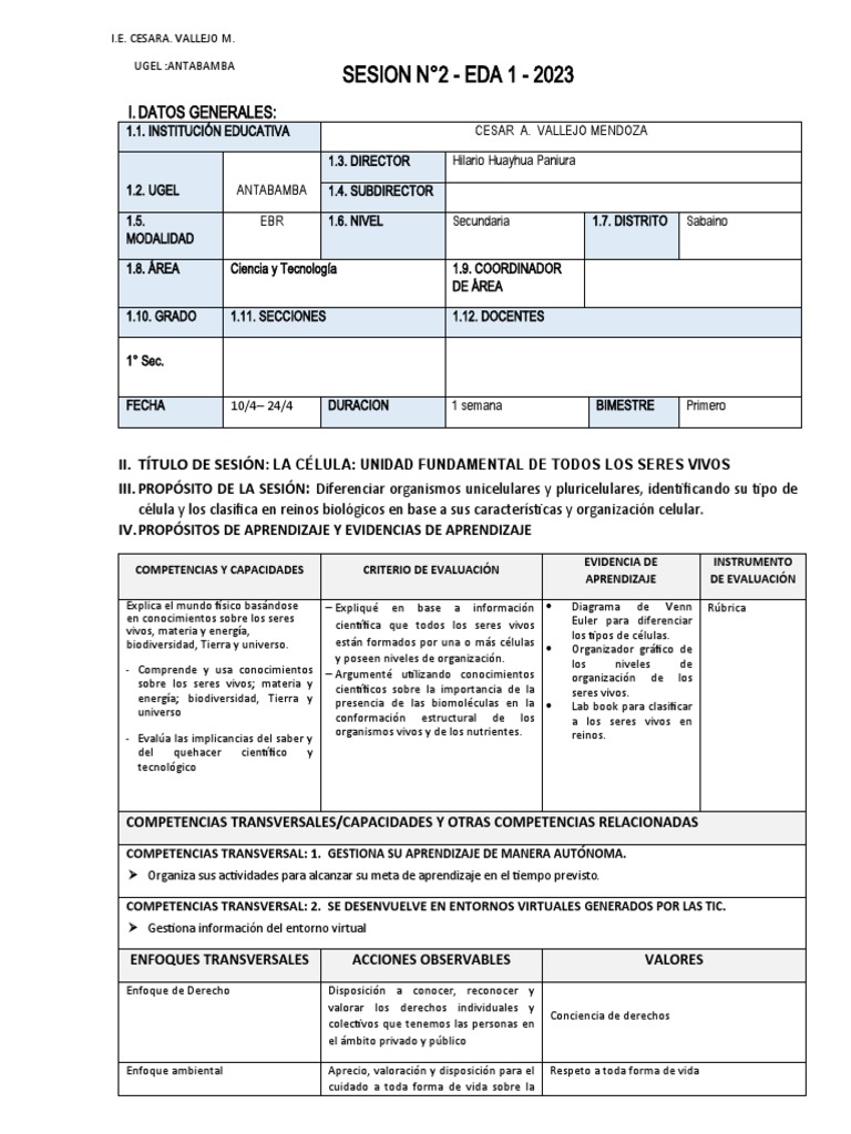 1° SESION Semana 2 EDA 1 CYT 2023 Santillana | PDF | Biología Celular) | Organismos
