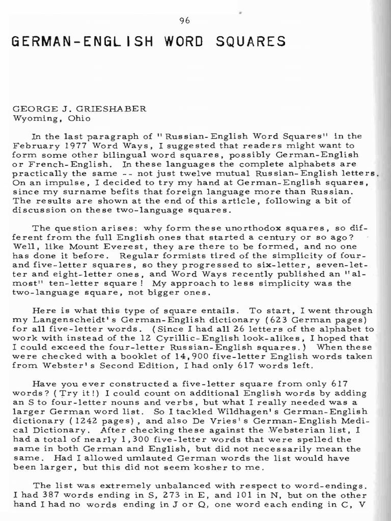 German-English Word Squares | PDF | Grammatical Number | Linguistics