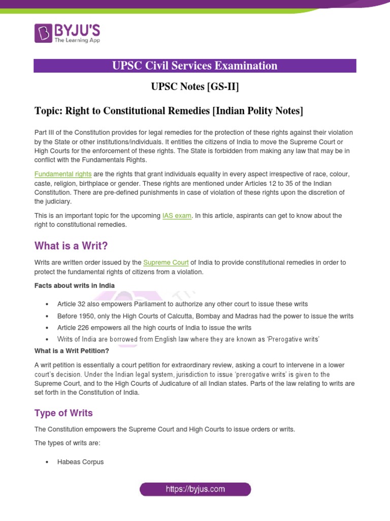 Right To Constitutional Remedies Indian Polity Notes | PDF | Writ ...