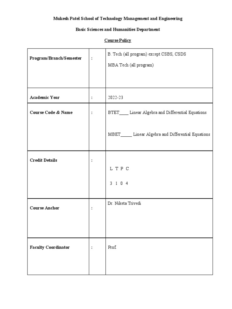 Revised - Course Policy - Linear Algebra and Differential Equations - Sem II | PDF | Eigenvalues ...