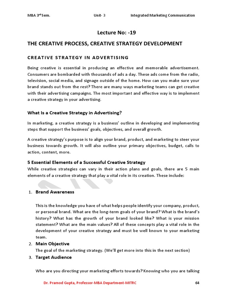 Lecture No: - 19 The Creative Process, Creative Strategy Development ...