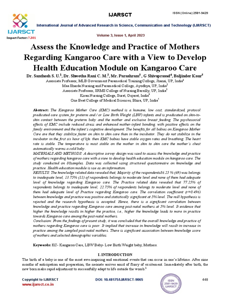 Assess The Knowledge and Practice of Mothers Regarding Kangaroo Care ...