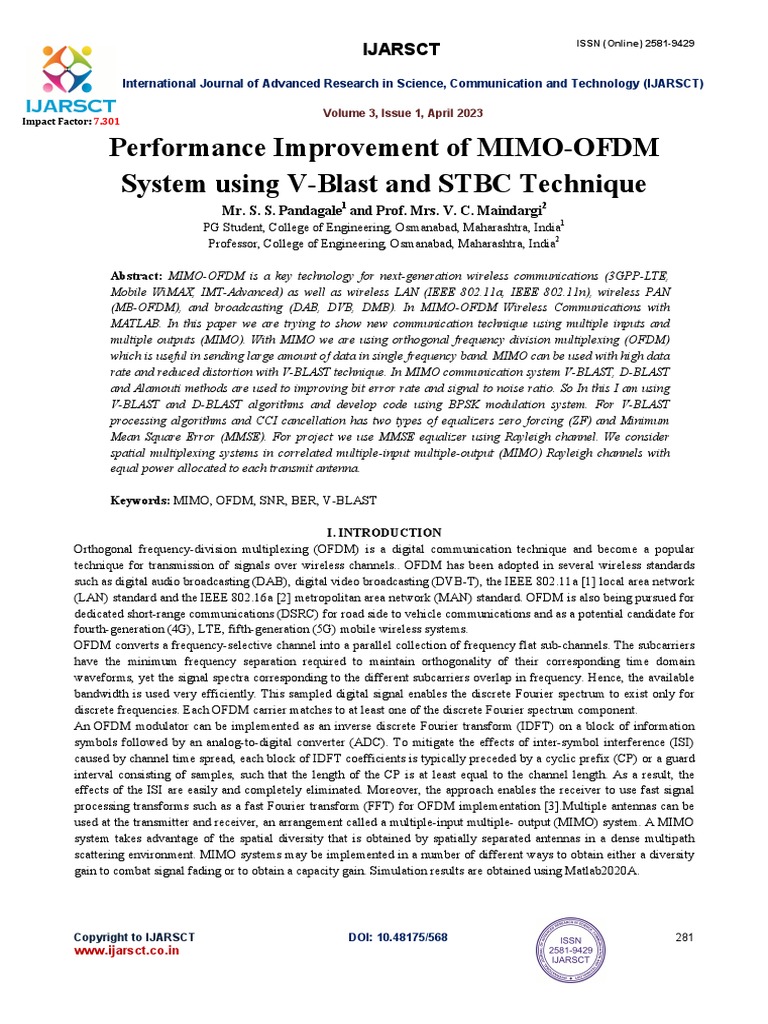 Performance Improvement Of Mimo Ofdm System Using V Blast And Stbc Technique Pdf Orthogonal 