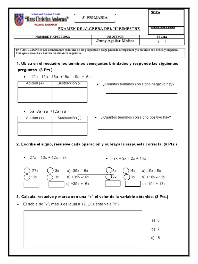 Examen de Algebra (Jenny) | PDF | Matemáticas | Matemática Elemental