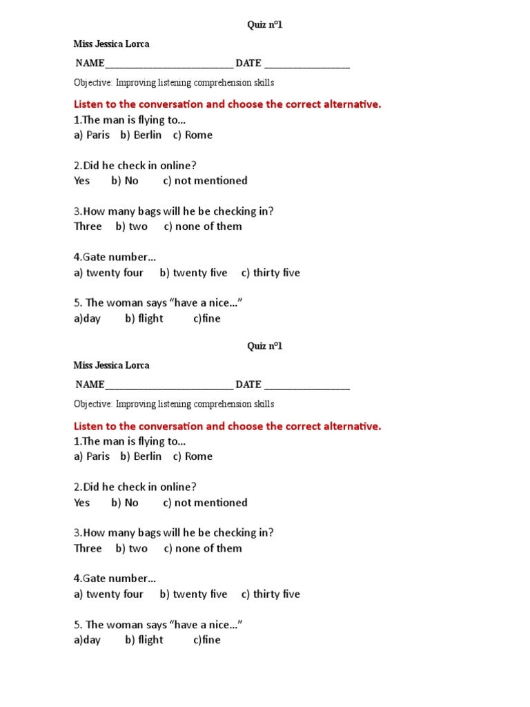 Listening Comprehension Quiz 1 | PDF