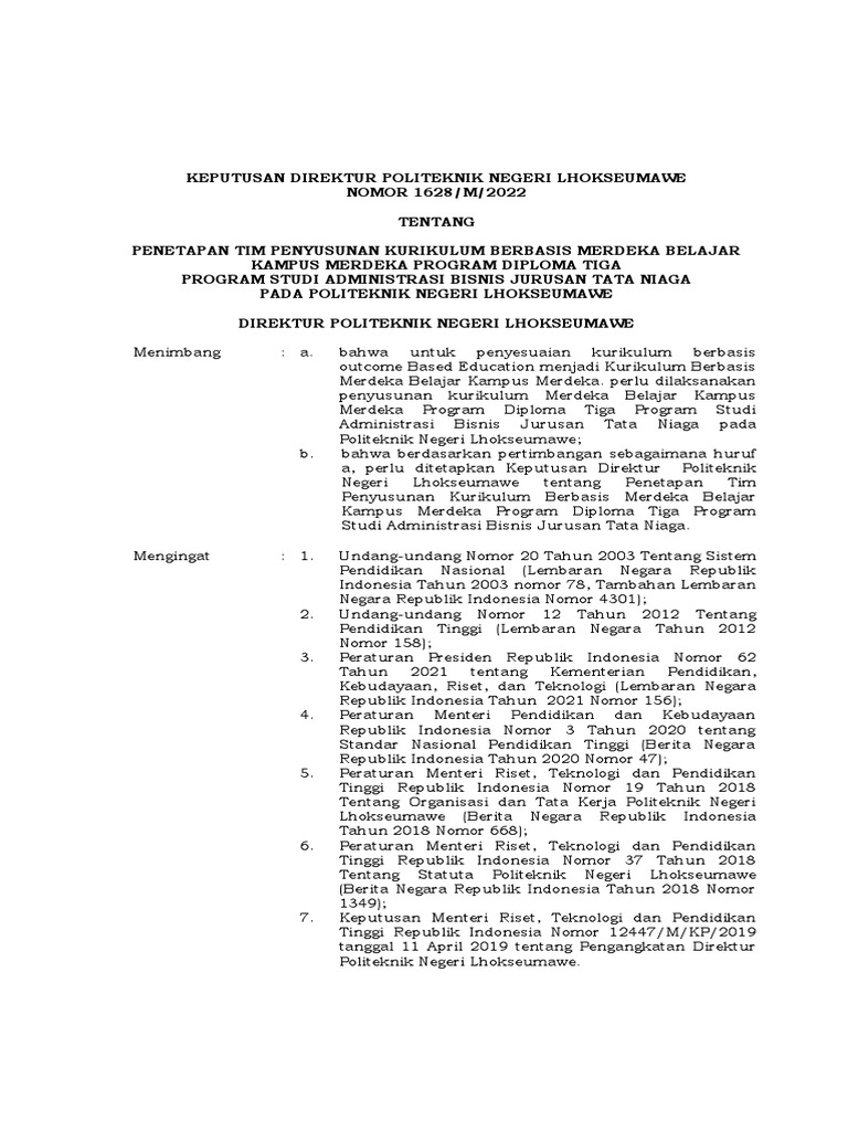 SK Tim Penyusun Kurikulum Adm Bisnis | PDF