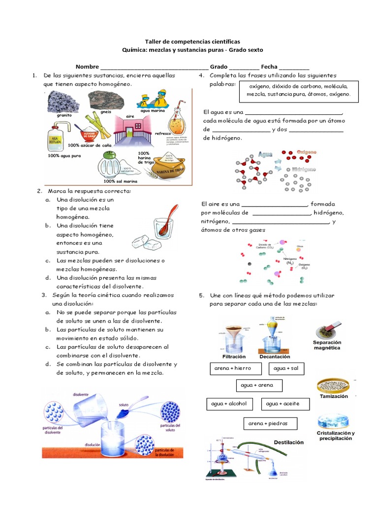 Taller de Competencias Científicas Química: Mezclas y Sustancias Puras - Grado Sexto Nombre ...