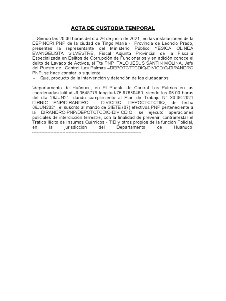 Acta de Custodia Temporal | PDF