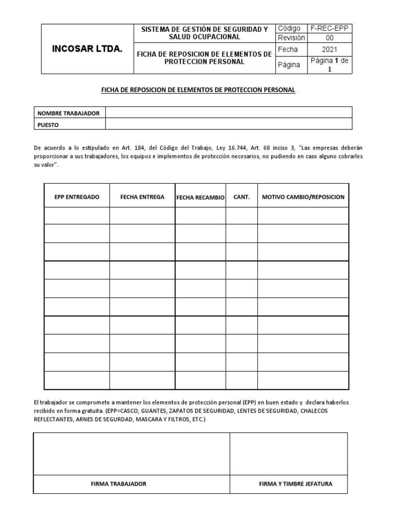 Ficha de Reposición de EPP 2021 | PDF