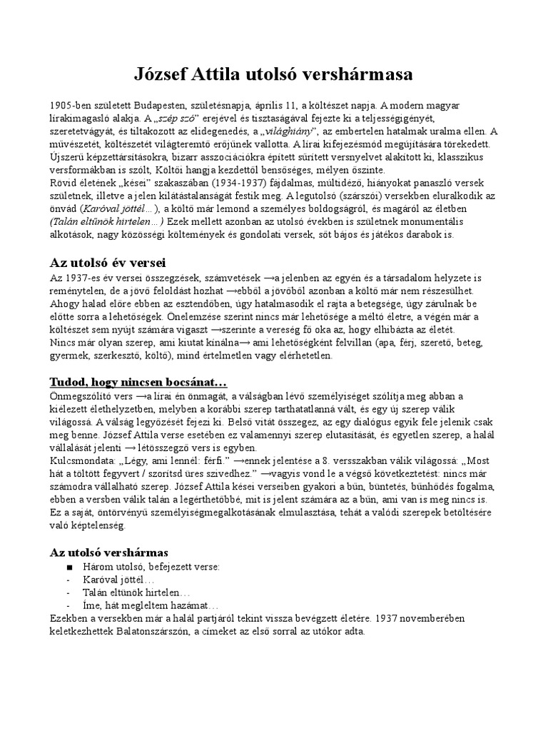 József Attila Utolsó Vershármasa | PDF