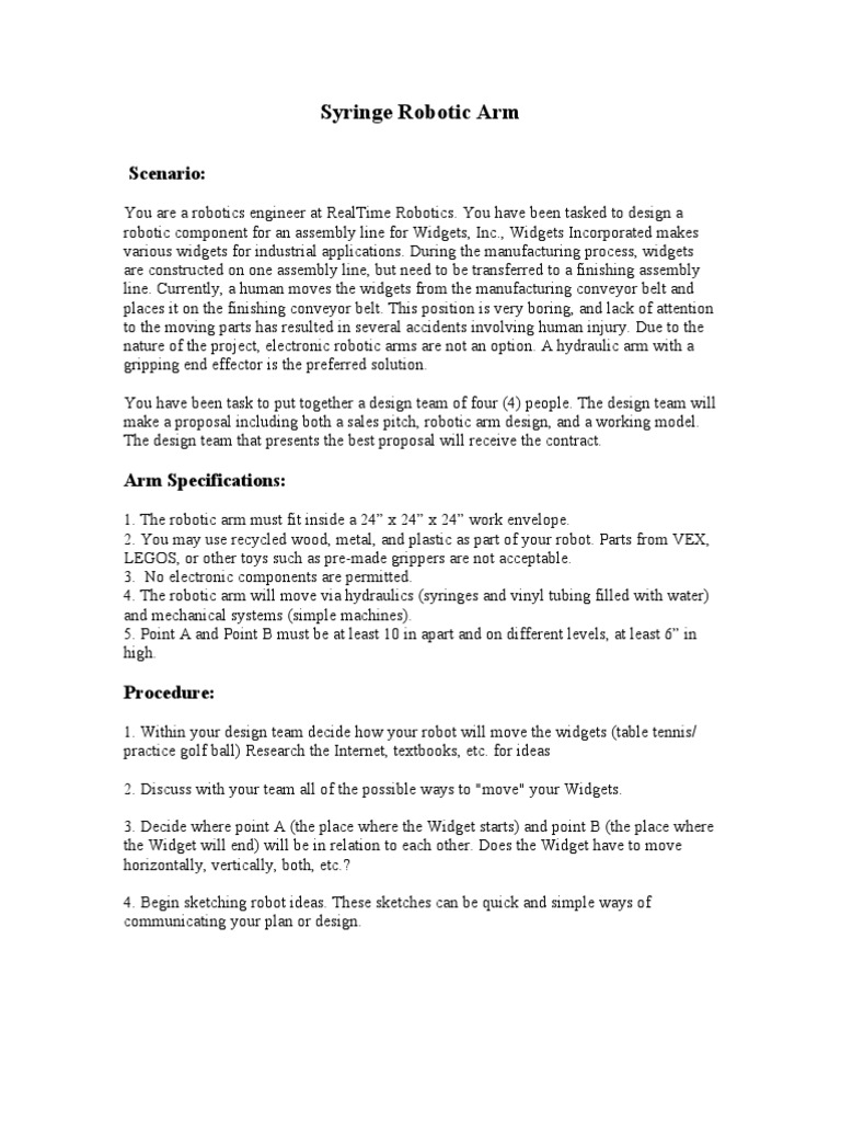 Hydraulic Syringe Robotic Arm: A Proposal for Automating Widget ...