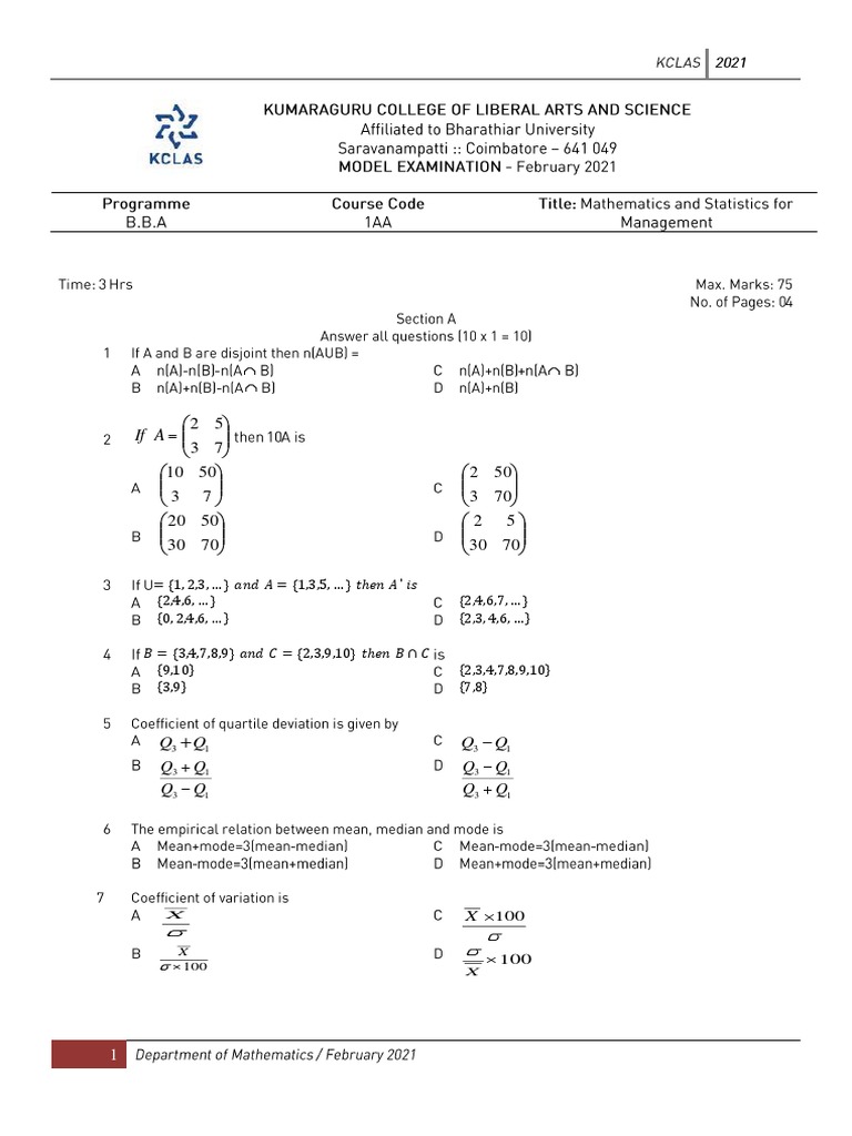 BBA Mathematics & Statistics Exam Paper | PDF