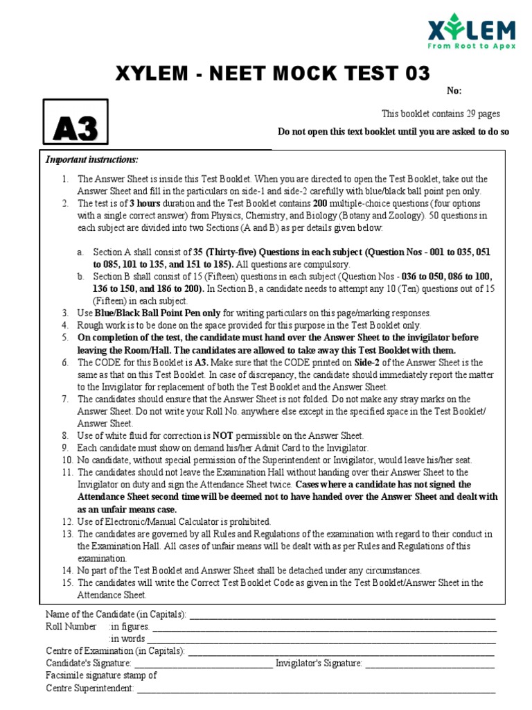 Xylem - Neet Mock Test 03 | PDF
