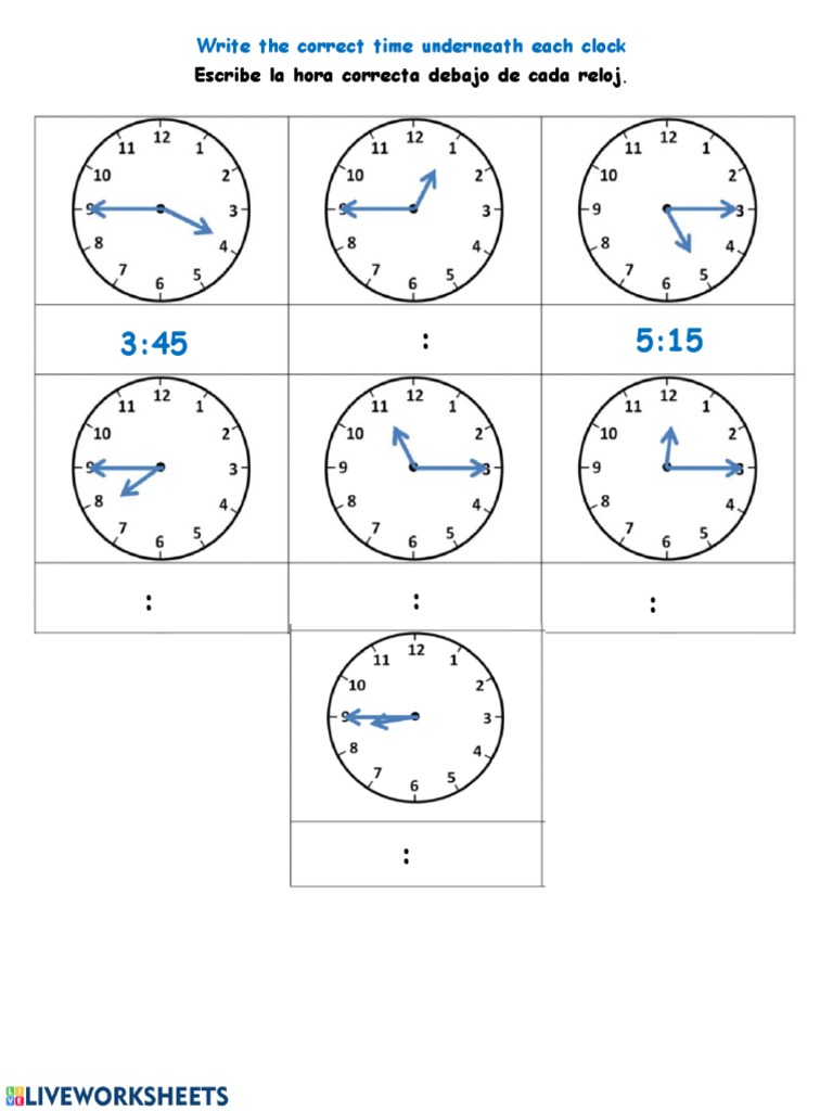 Escribe La Hora Correcta Debajo de Cada Reloj.: Write The Correct Time ...