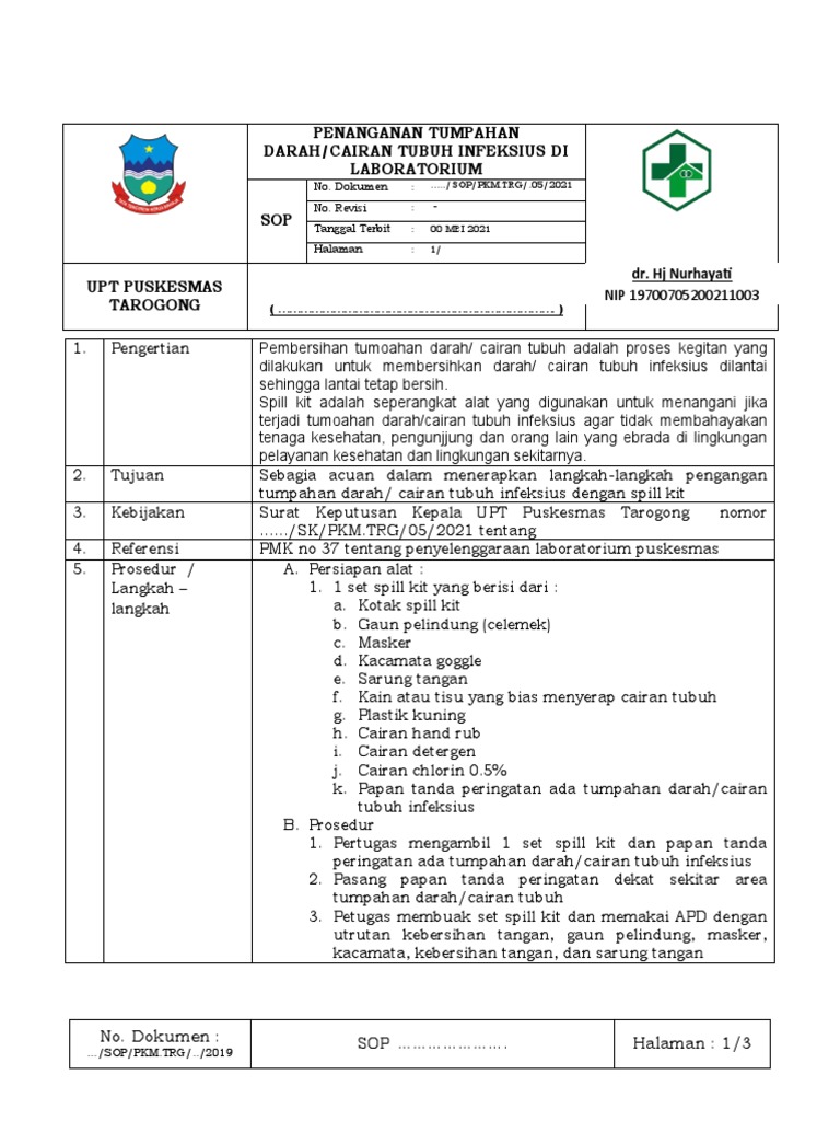 Sop Penanganan Tumpahan Darah Atau Cairan Infeksius Di Laboratorium | PDF