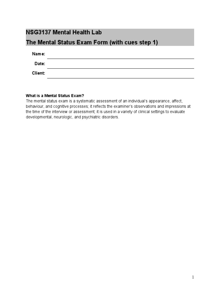 21W - Mental Status Exam Form With Cues - Step 1 | PDF | Hallucination ...