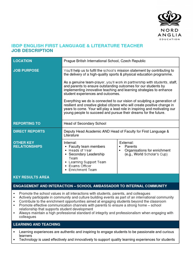 JD - IBDP English First Language Literature Teacher | PDF | Learning ...