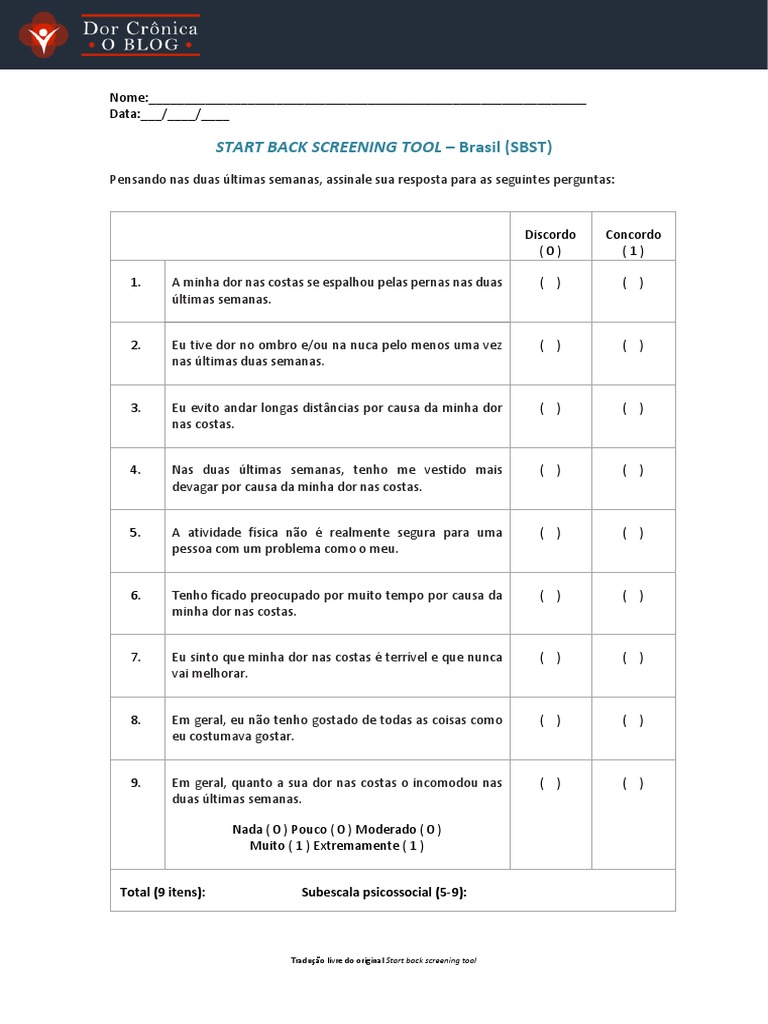 Start Back Screening Tool Brasil SBST | PDF