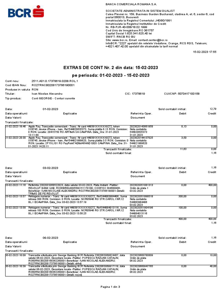 Pe Perioada: 01-02-2023 - 15-02-2023 EXTRAS DE CONT Nr. 2 Din Data: 15 ...