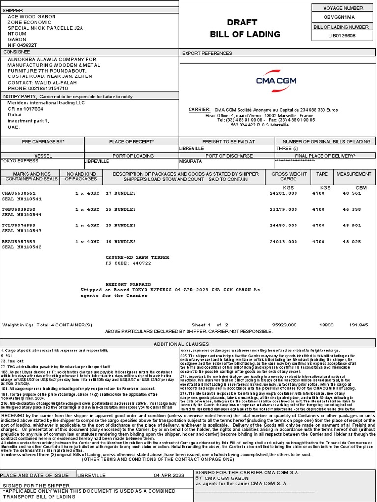 Bill of Lading Draft: Carrier | PDF | Bill Of Lading | Cargo