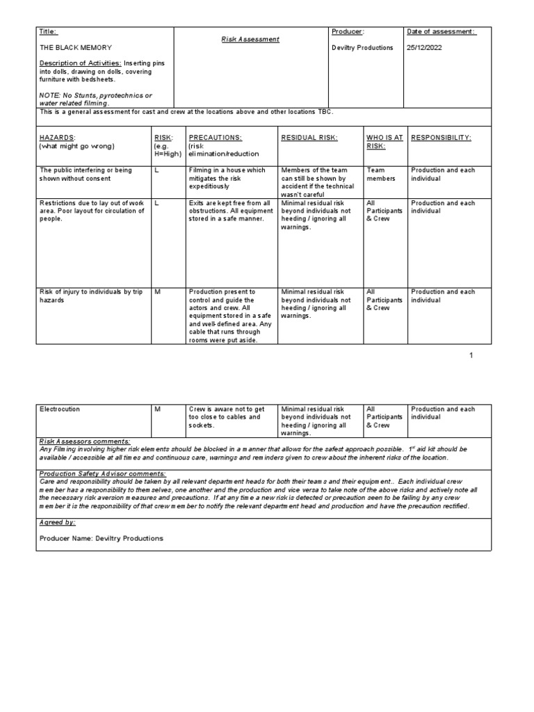 Risk Assessment Template For Film and Video Production | PDF | Risk ...