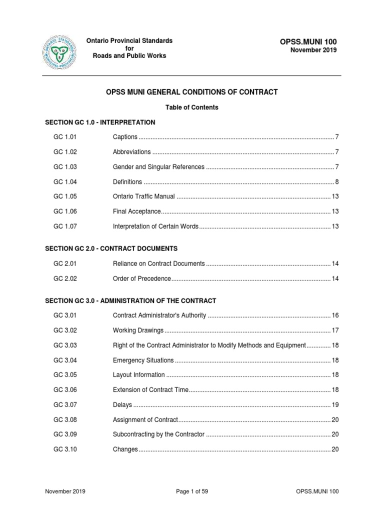 Opss Muni General Conditions of Contract: Ontario Provincial Standards For Roads and Public ...