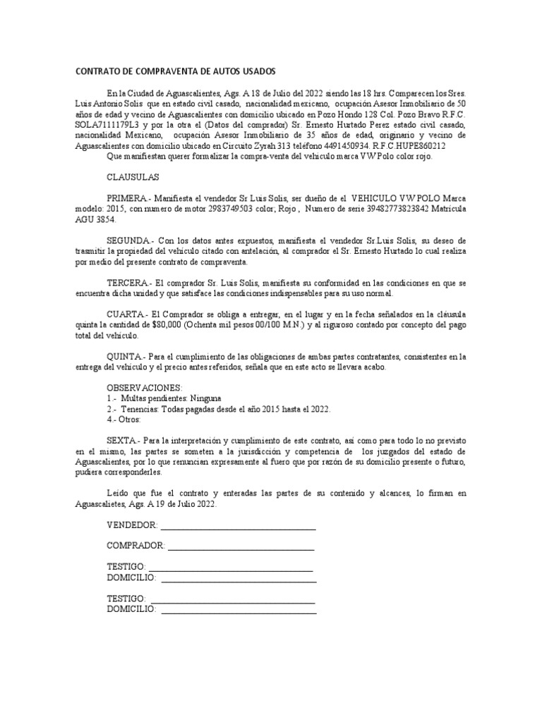 Contrato De Compraventa De Auto Usado Pdf Derecho Privado